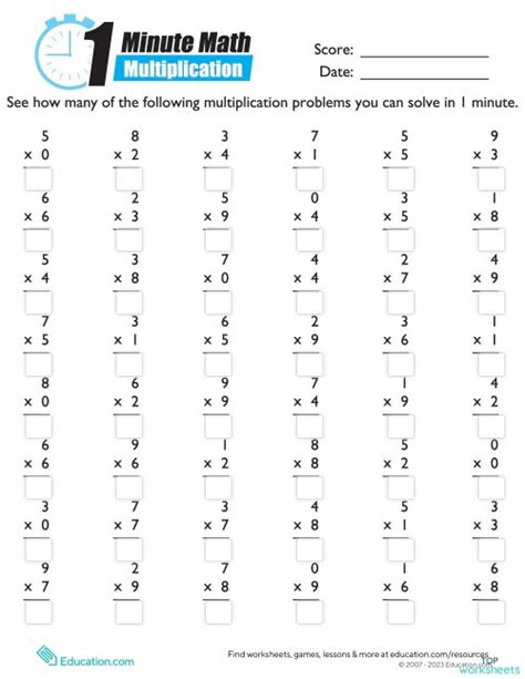 1 Minute Math Multiplication Interactive Worksheet Topworksheets