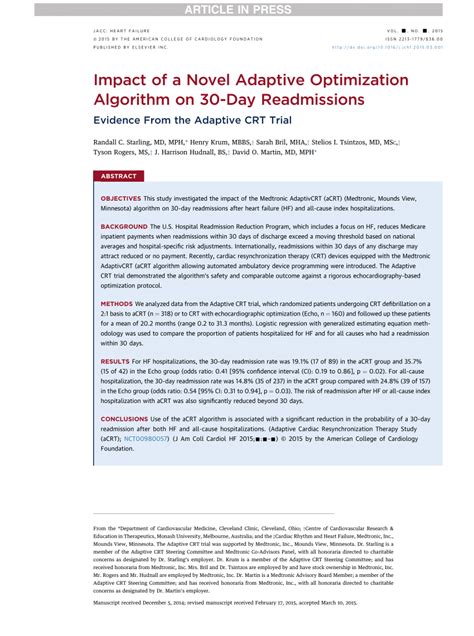 Pdf Impact Of A Novel Adaptive Optimization Algorithm On 30 Day Readmissions Evidence From
