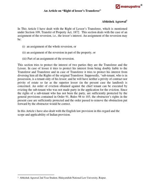 Right Of Lessor Transferee Pdf Lease Assignment Law