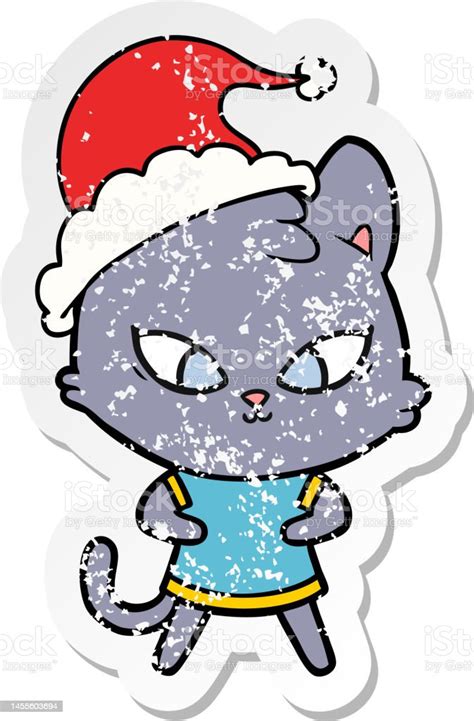 산타 모자를 쓴 고양이의 귀여운 손으로 그린 고민 스티커 만화 0명에 대한 스톡 벡터 아트 및 기타 이미지 0명 고양이 새끼 그런지 이미지 기법 Istock