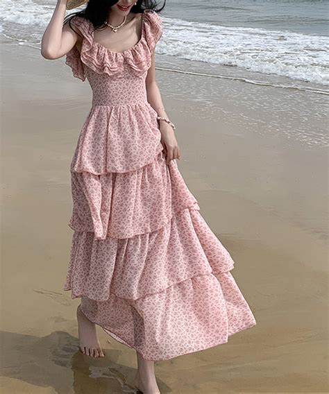 샤랄라 꽃무늬원피스 하트넥 프릴 백오픈 티어드 캉캉 플라워 쉬폰 롱 원피스 핑크 휴양지 동남아 해외여행 휴가룩