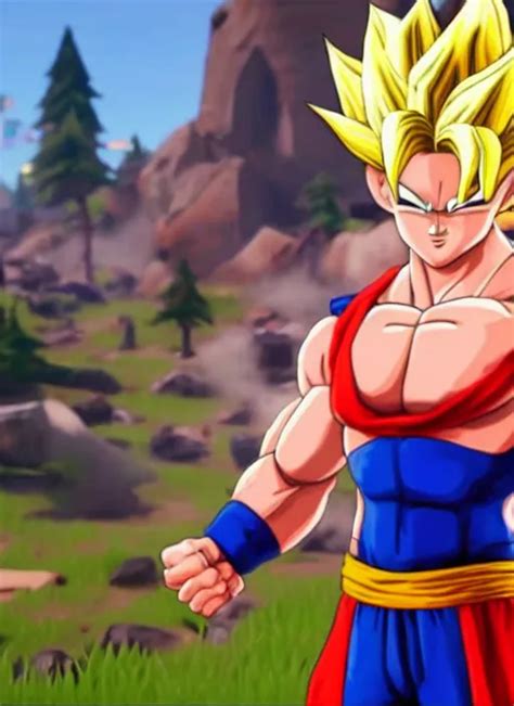 game still of super sayan goku as a fortnite skin in | Stable Diffusion ...