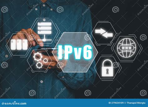 person using smartphone with ipv6 icon on virtual screen stock image
