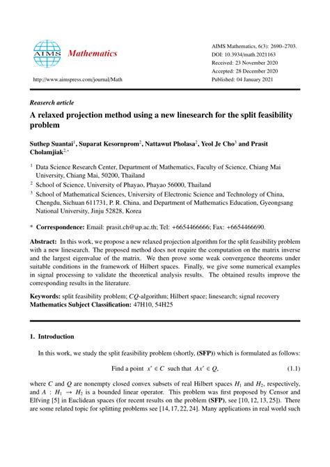 Pdf A Relaxed Projection Method Using A New Linesearch For The Split Feasibility Problem