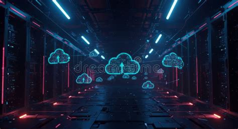 Data Cloud Network Visualization Inside Server Room With Neon Lighting Stock Illustration