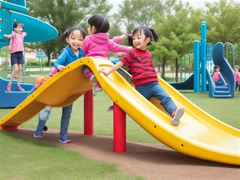 놀이터에서 노는 행복한 아이들 프리미엄 사진