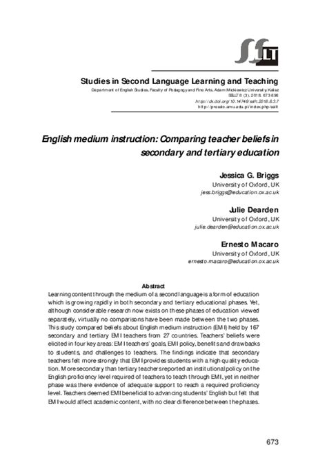 Pdf English Medium Instruction Comparing Teacher Beliefs In Secondary And Tertiary Education
