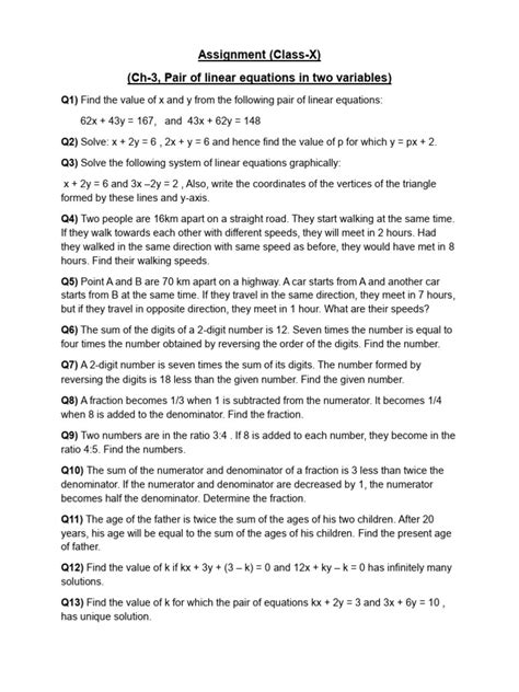 Assignment Ch 3 Maths Class 10 Pdf Equations Numbers