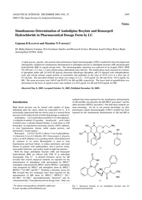 Pdf Simultaneous Determination Of Amlodipine Besylate And Benazepril Hydrochloride In