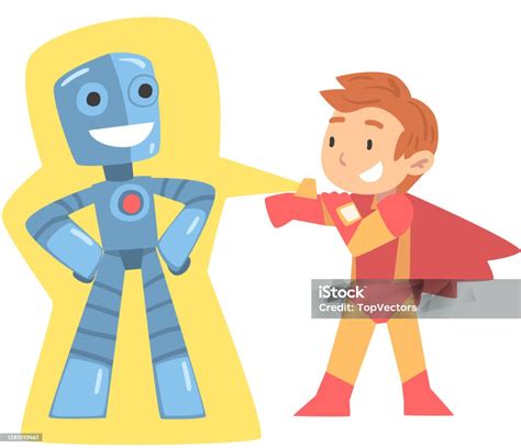 귀여운 소년 슈퍼 히어로와 로봇 아이 상상력 개념 동화 이야기 발견 만화 스타일 벡터 일러스트 독일에 대한 스톡 벡터 아트 및