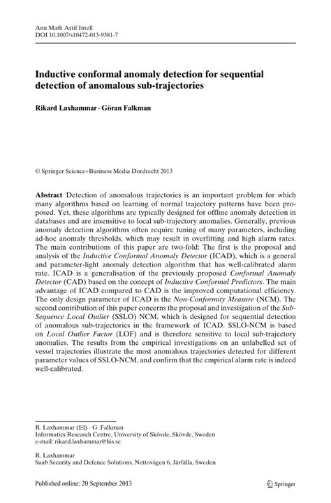 Pdf Inductive Conformal Anomaly Detection For Sequential Detection Of Anomalous Sub Trajectories