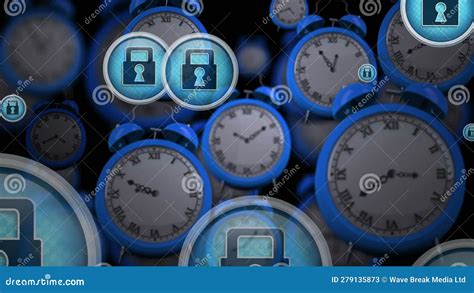 Animation Of Padlock Icon In Circles Over Multiple Blue Alarm Clocks Against Black Background