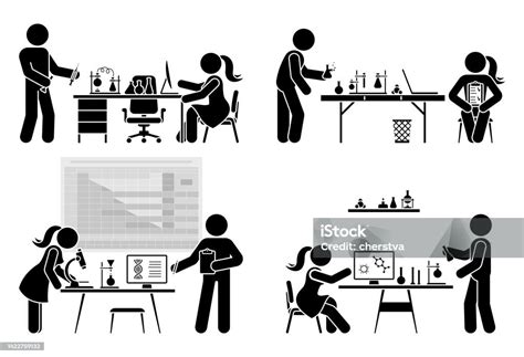 스틱 피겨 남성과 여성 화학자 화학 실험실 클래스 룸 벡터 일러스트 레이 션 아이콘 픽토그램 세트에서 과학 연구를 만드는 Dna
