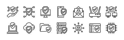 방패 보안 보호 기술 얇은 선 아이콘 세트 안전 보안 보호 기호 클라우드 컴퓨팅 서버 빅 데이터 스토리지 장치 웹 사이트 메시지 칩 사이버 암호화를 포함합니다 벡터 일러스트