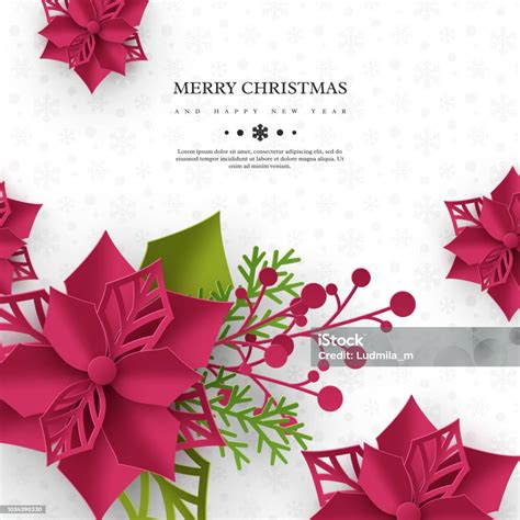 크리스마스 휴일 배너입니다 3 차원 종이 스타일 포 인 세 티아 잎을 잘라 흰색 배경에 인사말 텍스트 벡터 일러스트 레이 션 프레임에 대한 스톡 벡터 아트 및 기타 이미지