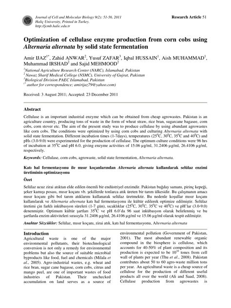 Pdf Optimization Of Cellulase Enzyme Production From Corn Cobs Using Alternaria Alternata By