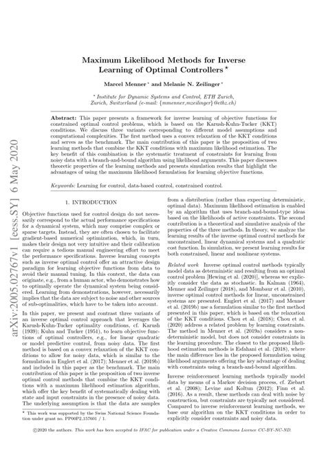pdf maximum likelihood methods for inverse learning of optimal
