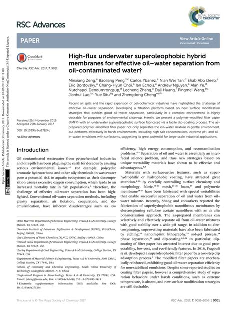 High Flux Underwater Superoleophobic Hybrid Membranes For Effective Oilwater Separation From