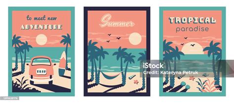 여름 해변 빈티지 카드 세트 여름 배경 버스 야자수의 실루엣 나뭇잎 해먹 서핑 보드 불가사리 조개류가있는 열대 바다 풍경 여행 휴일에 대한 벡터 플랫 일러스트 레이 션