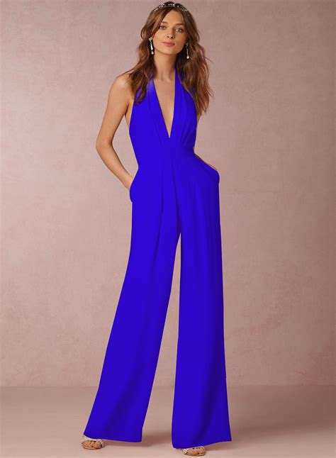 Fashion Halter V Neck Backless Wide Leg Jumpsuit