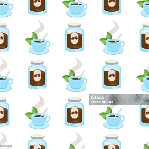 커피의 주제에 일러스트와 원활한 패턴 따뜻한 커피 또는 차 한 잔과 커피 항아리 곡초류에 대한 스톡 벡터 아트 및 기타 이미지 곡초류 그릇 바로 먹을 수 있는