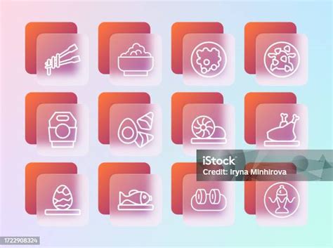 세트 라인 쿵파오 치킨 접시에 생선 제공 샤오 롱 바오 초밥 야채와 닭고기 달걀 그릇에 밥 음식 젓가락 국수 및 아이콘 벡터 0명에 대한 스톡 벡터 아트 및 기타 이미지