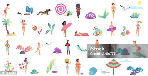 해변 휴가 여름 사람들 활동 세트입니다 춤 서핑 연주 식사 일광욕 서핑 및 고립 된 벡터 일러스트 레이 션을 포즈 남자에 대한 스톡 벡터 아트 및 기타 이미지 Istock