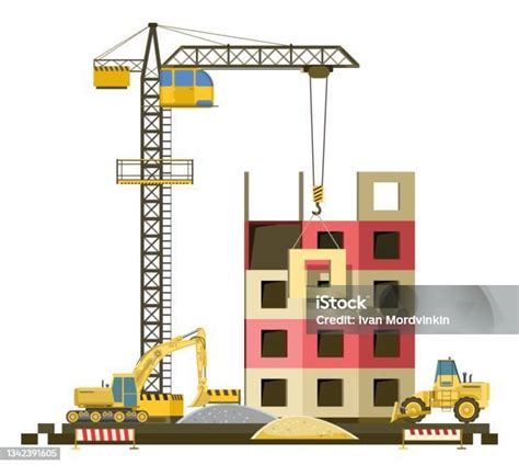 대도시 건물의 건설 주거 용 주택 및 산업 새로운 개체 리프팅 크레인 현대 기술과 장비 격리된 그림 벡터 개념에 대한 스톡 벡터 아트 및 기타 이미지 Istock