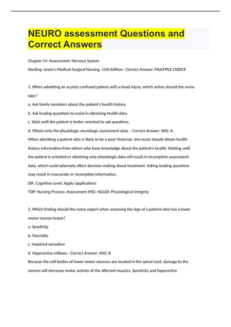 Neuro Assessment Questions And Correct Answers Introductory Medical