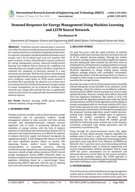 Irjet Demand Response For Energy Management Using Machine Learning And Lstm Neural Network Pdf