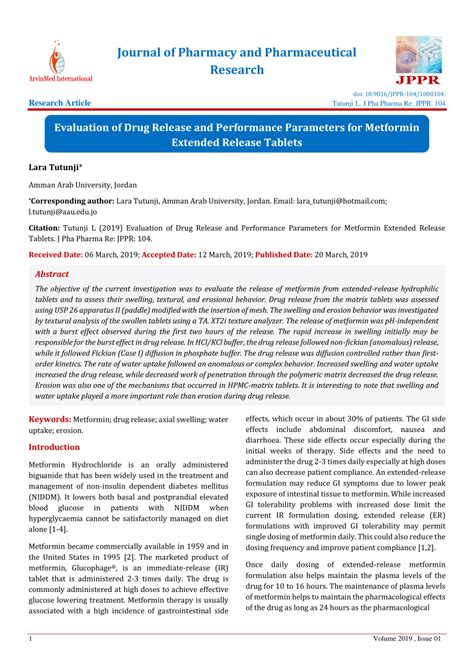 Pdf Evaluation Of Drug Release And Performance Parameters For