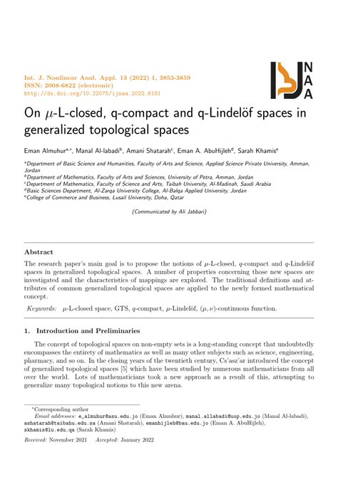 Pdf On µ L Closed Q Compact And Q Lindelöf Spaces In Generalized Topological Spaces