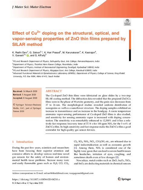 Pdf Effect Of Cu 2 Doping On The Structural Optical And Vapor Sensing Properties Of Zno