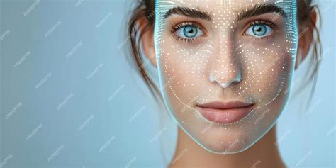 Female Face On Blue Technology Background For Facial Recognition And Identity Verification