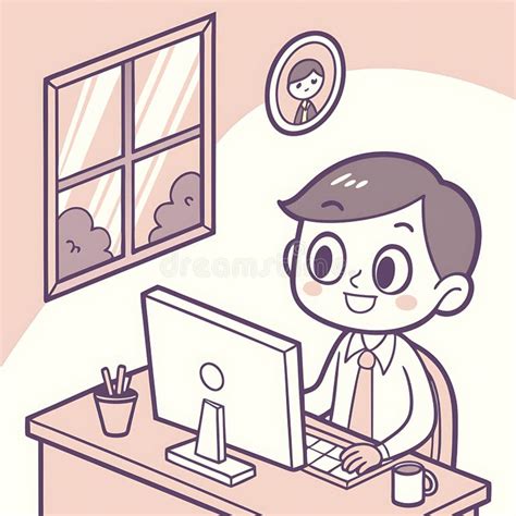 Cartoon Man Working At Computer In Home Office Stock Image Illustration Of Pastel Design