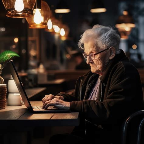 Premium Photo An Old Woman Typing On A Laptop In A Cafe