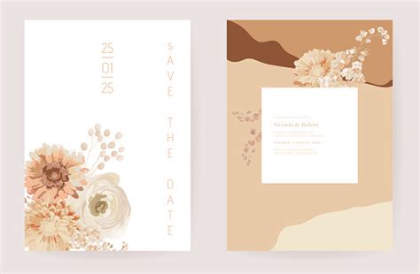 꽃 웨딩 초대 말린 꽃 카드 마른 팜파 잔디 달리아 수채화 최소 템플릿 벡터 식물성 황금 단풍 현대 포스터 트렌디 한 디자인 고급 배경 일러스트 초대장에 대한 스톡 벡터