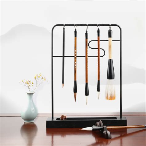 梅林文房四宝书法用品毛笔架笔挂笔架毛笔挂针创意复古风新中式仿古铸铁摆件多功能简约大号送礼收藏自用铁艺 虎窝淘
