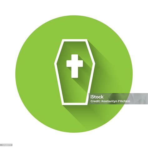 긴 그림자로 고립 된 기독교 십자가 아이콘흰색 관 해피 할로윈 파티 녹색 원 버튼입니다 벡터 공포 무서움에 대한 스톡 벡터 아트