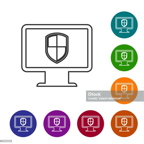 회색 컴퓨터 모니터와 방패 라인 아이콘 흰색 배경에 고립 컴퓨터 보안 방화벽 기술 인터넷 프라이버시 안전 또는 바이러스 백신 벡터 일러스트 0명에 대한 스톡 벡터 아트 및