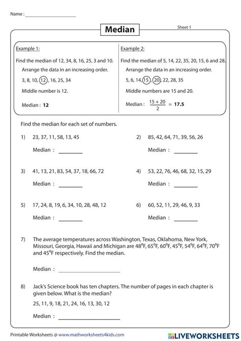 Median Math Online Exercise For Live Worksheets