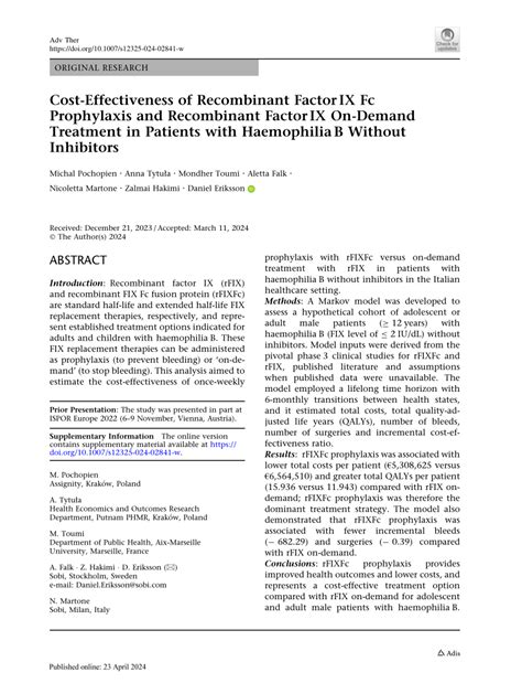 Pdf Cost Effectiveness Of Recombinant Factor Ix Fc Prophylaxis And Recombinant Factor Ix On