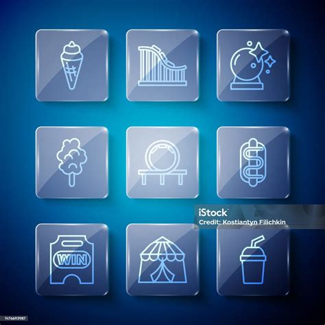 세트 라인 서커스 티켓 텐트 물이 든 종이 유리 매직 볼 롤러 코스터 솜사탕 와플 콘의 아이스크림 및 핫도그 샌드위치 아이콘 벡터 결정체에 대한 스톡 벡터 아트 및 기타