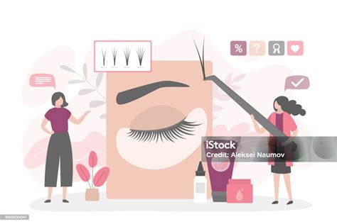미용실의 여성 고객 속눈썹 만들기 미용 절차 가짜 속눈썹 만들기 인조 속눈썹을 적용하는 아름다움 눈썹 라미네이션 절차 패션 중소기업 속눈썹에 대한 스톡 벡터 아트 및 기타