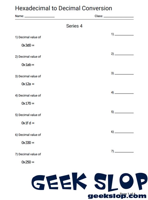 Hexadecimal To Decimal Conversion Practice Worksheet Series 4 Geek