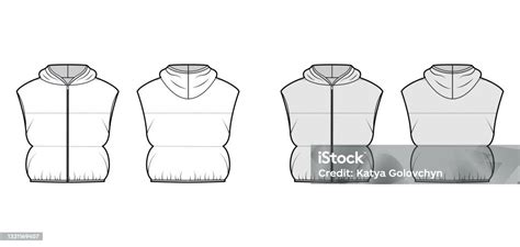 후드 다운 조끼 퍼퍼 조끼 조끼 기술 패션 일러스트 와 Zipup 클로저 느슨한 작물 길이 넓은 퀼팅 0명에 대한 스톡 벡터