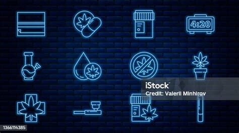 세트 라인 마리화나 관절 또는 대마초 공장 의료 병 올리브 오일 흡연 마리화나 롤링 종이 중지 잎과 허브 엑스터시 정제 아이콘에 대한 유리 봉 벡터 Lsd에 대한 스톡 벡터