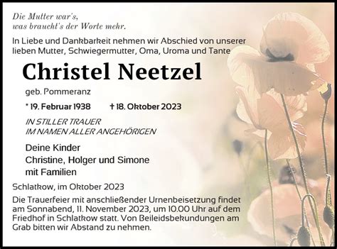 Traueranzeigen Von Christel Neetzel Trauer Nordkurier