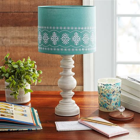 The Pioneer Woman Turned Table Lamp With Blue Eyelet Linen Shade White