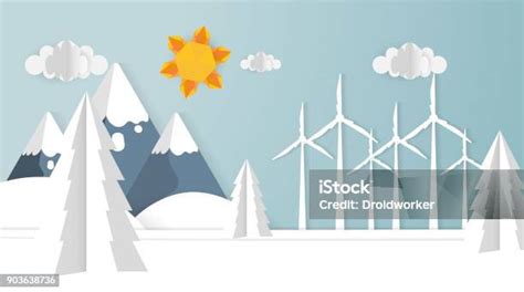 종이 잘라 밖으로 예술 장면 바람 터빈 벡터 일러스트 레이 션과 함께 풍경 배경입니다 눈 냉동상태의 물에 대한 스톡 벡터 아트 및 기타 이미지 눈 냉동상태의 물 풍력